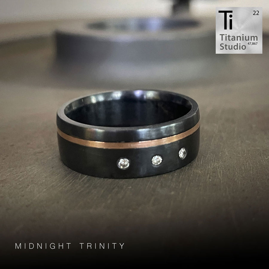 Three Stone Black Rose Gold Inlay Ring – Titanium Studios Pty Ltd